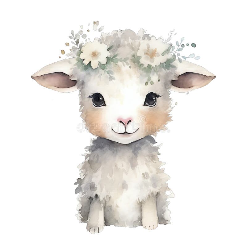Cute Watercolor Lamb with Flowers and Boho Plants Illustration Stock ...