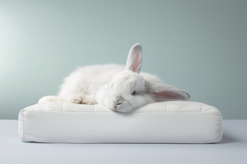 Image of Cute White Rabbit Lying on Sleeping Cushion. Pet. Animals ...