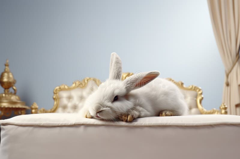Image of Cute White Rabbit Lying on Sleeping Cushion. Pet. Animals ...