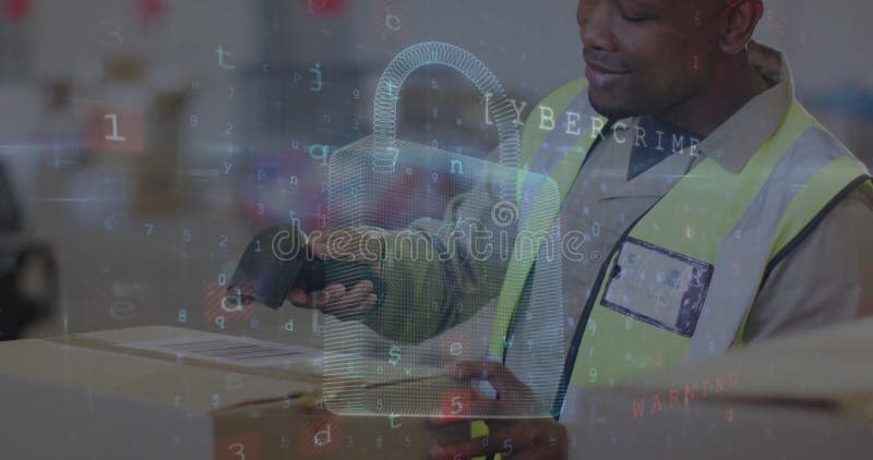 Image of Cyber Attack Text and Data Processing Over Biracial Man ...