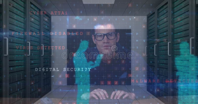 Image Of Cyber Attack Warning And Data Processing Over Male Hacker And