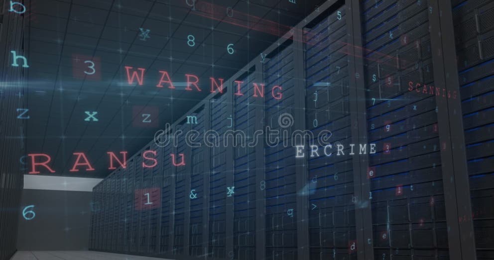 Image of Cyber Attack Warning with Letters and Numbers Over Server Room ...
