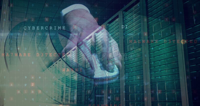 Image of Cyber Attack Warning Over Hand of Caucasian Man in Server Room ...