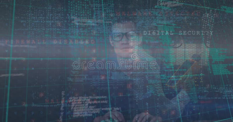 Image of Cyber Security Data Processing Over Portrait of Male Hacker ...