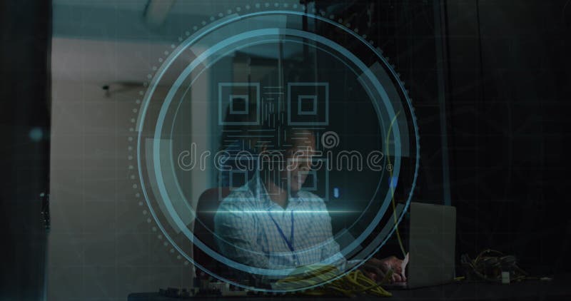 Image of Cyber Security Text, Bar Code, African American Male Engineer ...