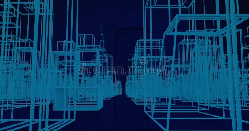 Image of 3d Architectural Line Drawings of Buildings in City Street ...