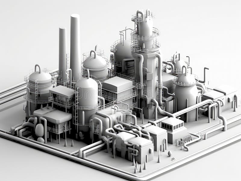 Image is 3D Model of an Industrial Complex, Featuring Several Tall ...