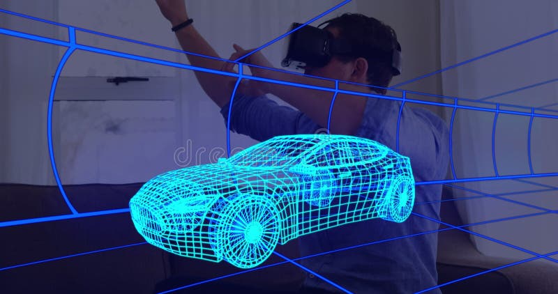 Image of 3d Technical Drawing of Car, Over Man at Home Wearing Vr ...