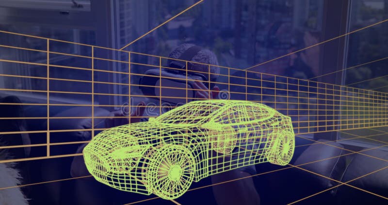 Image of 3d Technical Drawing of Car, Over Man at Home Wearing Vr ...
