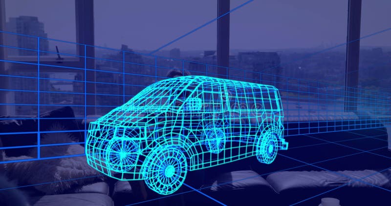 Image of 3d Technical Drawing of Van, Over Man at Home Wearing Vr ...