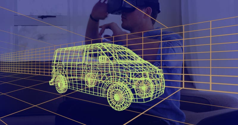 Image of 3d Technical Drawing of Van, Over Man at Home Wearing Vr ...