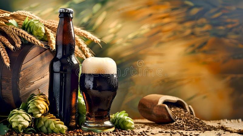 Dark Beer in Glass and Bottle with Barley Hops Arrangement. Rustic ...