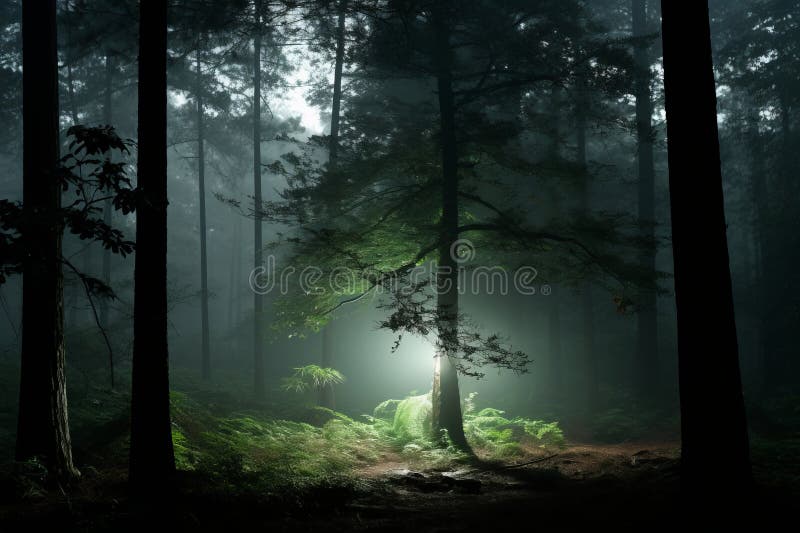 An Image of a Dark Forest with a Light Shining through it Stock ...