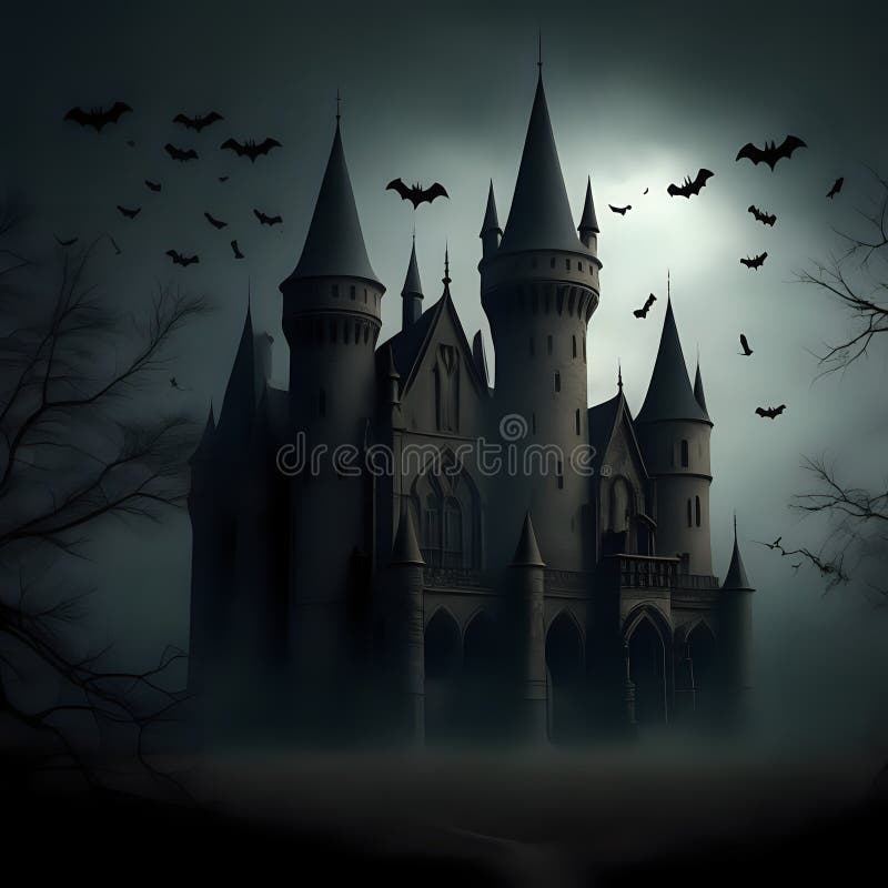 An Image of a Dark and Mysterious Castle with Bats Flying Around it in ...