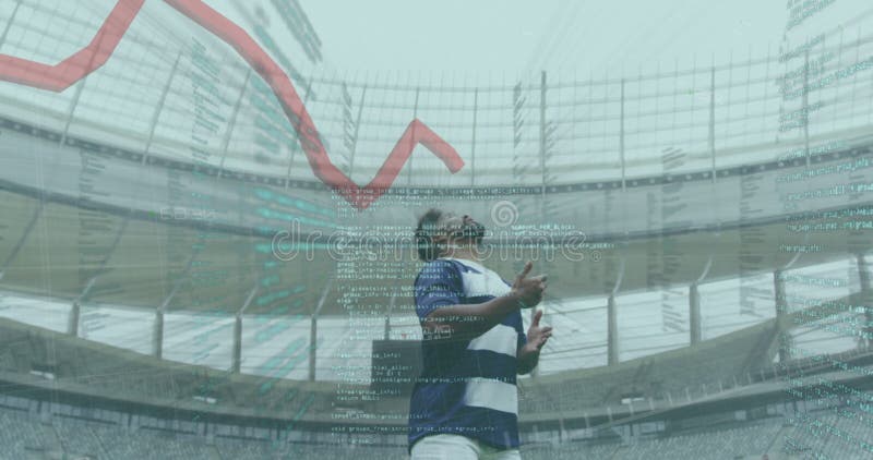 Image of Data and Graph Over Biracial Male Rugby Player Catching a Ball ...