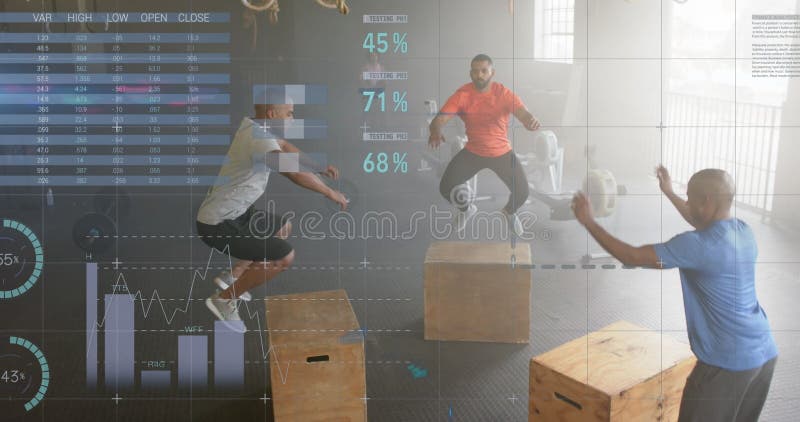 Image of Data on Interface Over Diverse Male Group Jumping on Boxes ...