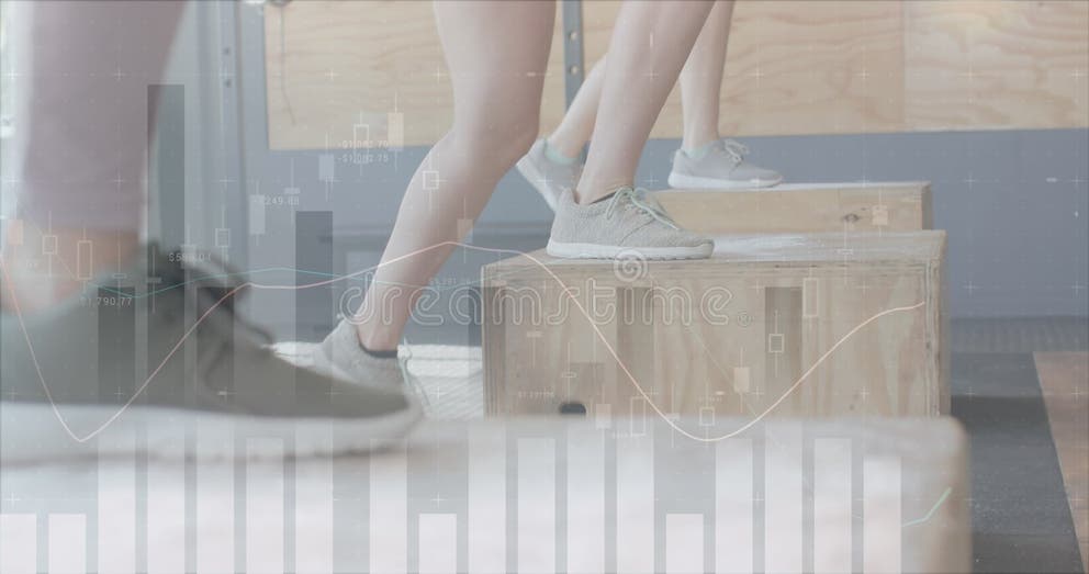 Image of Data on Interface Over Legs of Diverse Women Jumping on Boxes ...