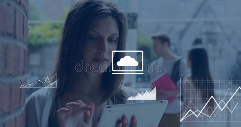 Image of Data Media Icons Over Happy Caucasian Woman Using Tablet at ...