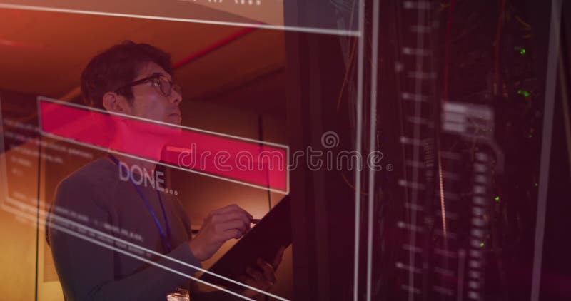 Image of Data Over Asian Male it Engineer with Clipboard by Computer ...