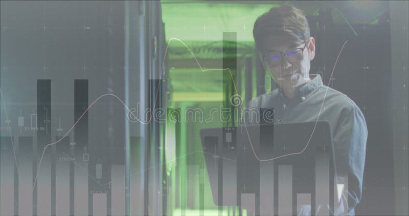 Image of Data Over Asian Male it Engineer with Laptop by Computer ...