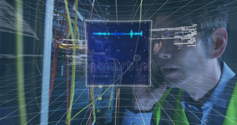 Image of Data Over Asian Male it Engineer with Phone Checking Computer ...