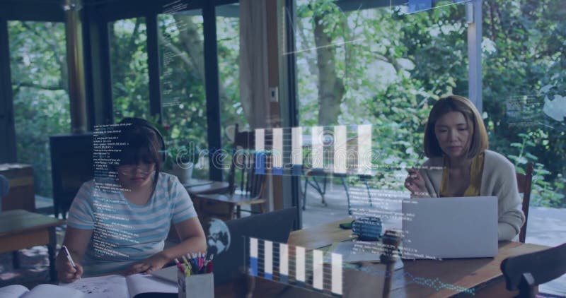 Image of Data Over Asian Mother and Daughter Doing Homework and Using Laptop at Home Stock Photo ...