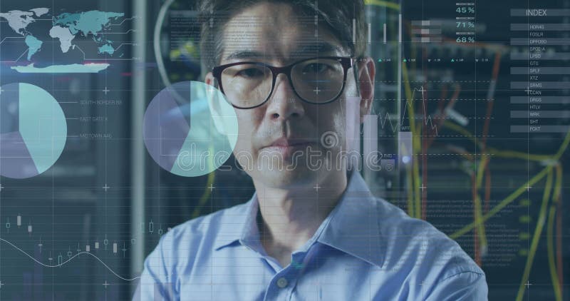 Image of Data Over Portrait of Asian Male it Engineer by Computer ...