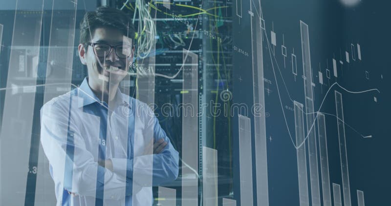 Image of Data Over Smiling Asian Male it Engineer by Computer Servers ...