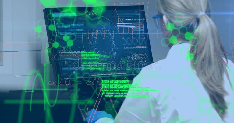 Image of Data Processing Against Rear View of Female Scientist Using ...