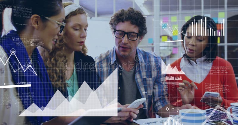 Image of Data Processing and Business Icons Over Diverse Business ...