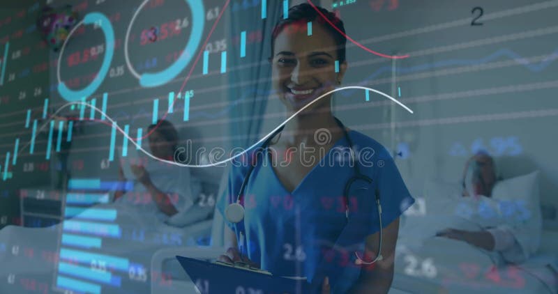 Image of Data Processing and Diagrams Over Biracial Female Nurse Writing on Clipboard Stock ...