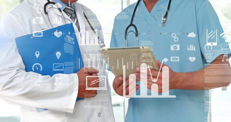 Image of Data Processing and Diagrams Over Caucasian Male Doctors Using ...