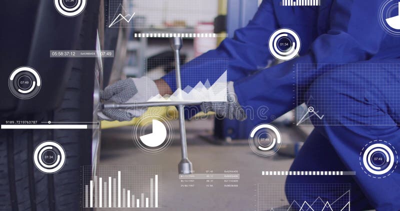 Image of Data Processing and Diagrams Over Caucasian Male Mechanic ...