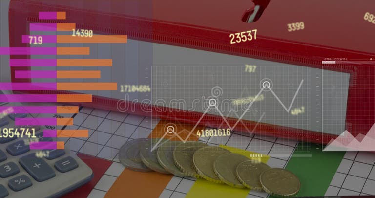 Image of Data Processing and Diagrams Over Coins and Calculator Stock ...