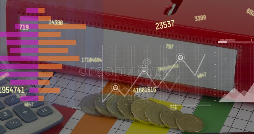 Image of Data Processing and Diagrams Over Coins and Calculator Stock ...