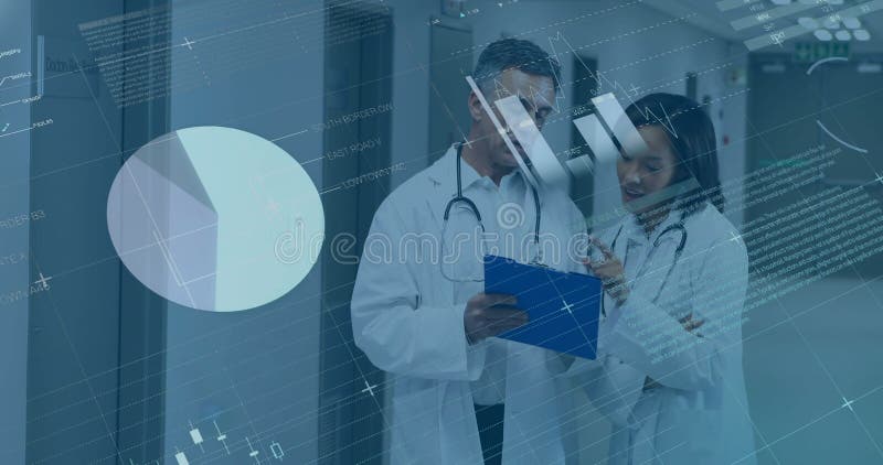 Image of Data Processing and Diagrams Over Diverse Doctors Talking in ...