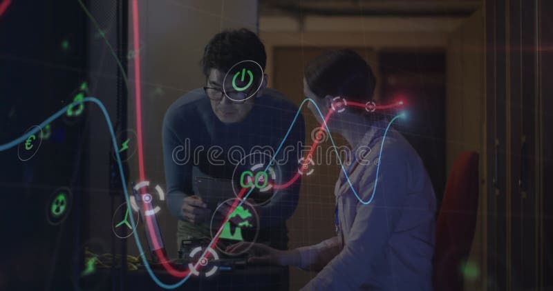 Image of Data Processing, Diverse Male and Female it Engineers with Laptop by Computer Servers ...