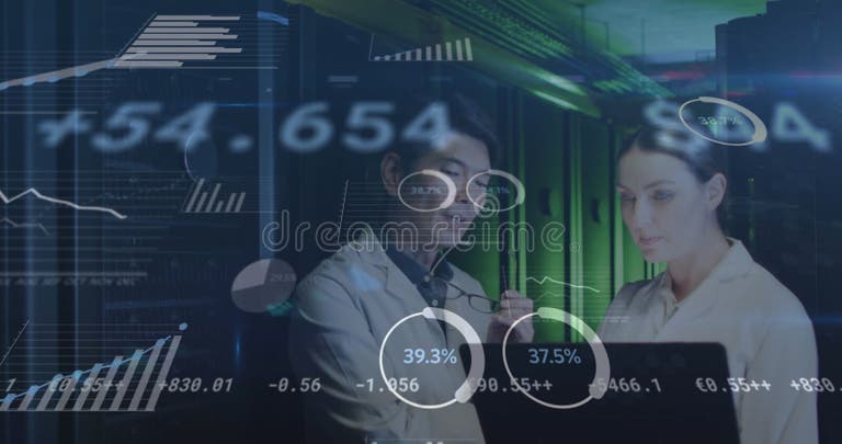 Image of Data Processing, Diverse Male and Female it Engineers with Laptop by Computer Servers ...