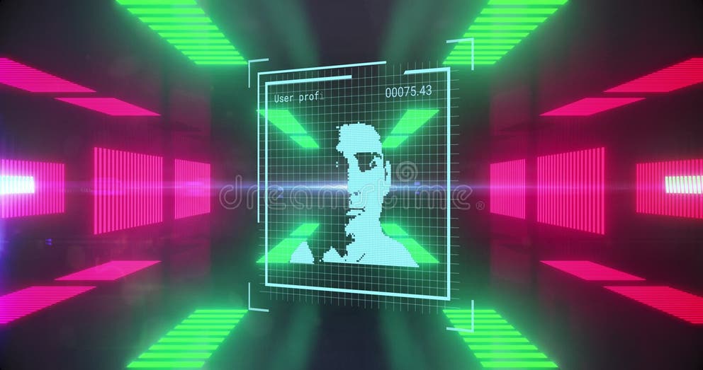 Image of Data Processing with Diverse People Portraits Over Neon Shapes ...