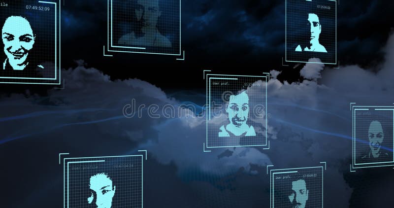 Image of Data Processing with Diverse People Portraits Over Sky with ...
