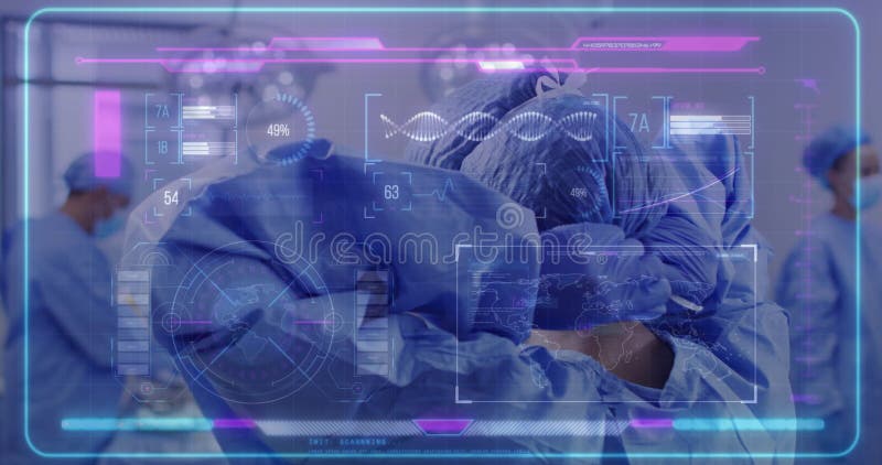 Image of Data Processing and Dna Strand Over Diverse Surgeons Wearing ...