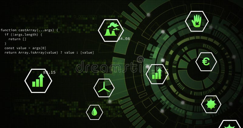 Image of Data Processing and Eco Digital Icons Over Scope Spinning ...