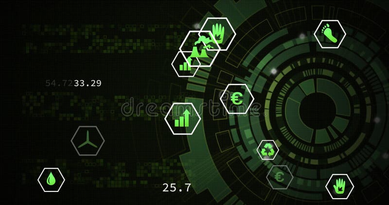 Image of Data Processing and Eco Digital Icons Over Scope Spinning ...
