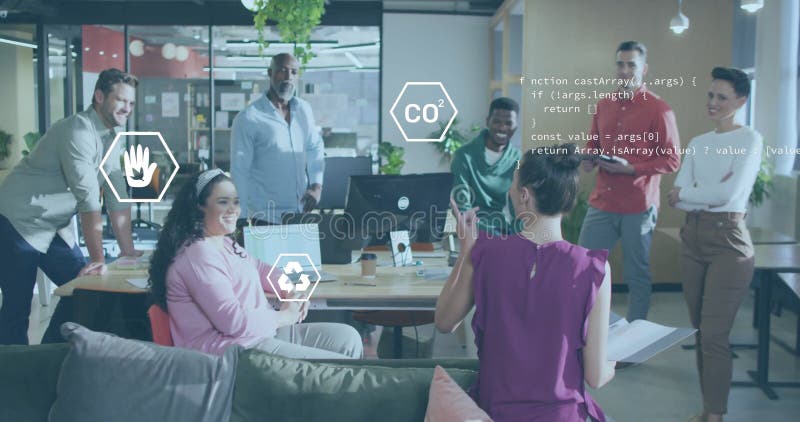 Image of Data Processing and Ecology Icons Over Diverse Colleagues ...