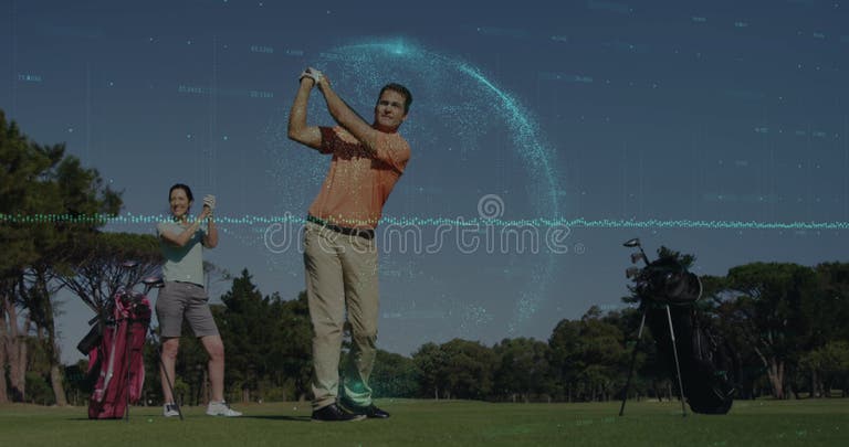 Image of Data Processing and Globe Over Caucasian Man Playing Golf at the Golf Course Stock ...