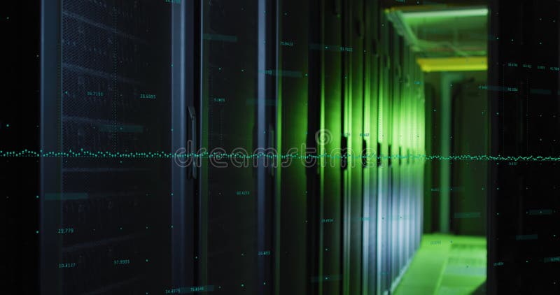 Image of Data Processing and Globe Over Green Lights of Computer Server ...