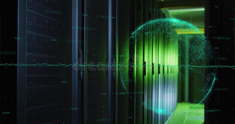 Image of Data Processing and Globe Over Green Lights of Computer Server ...