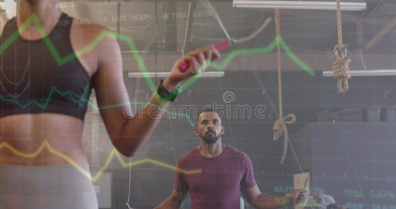 Image of Data Processing on Graph Over Diverse Woman and Man Jumping ...