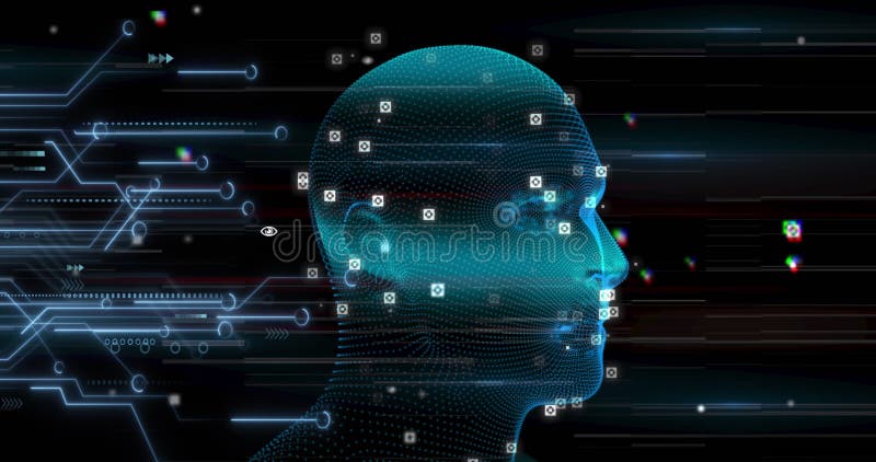 Image of Data Processing and Icons with Digital Head on Black ...