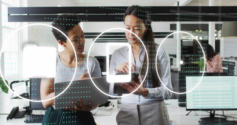 Image of Data Processing and Icons Over Diverse Business People Talking ...